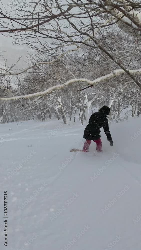 VERTICAL: Snowboard rider sprays through deep powder snow among snowy ...