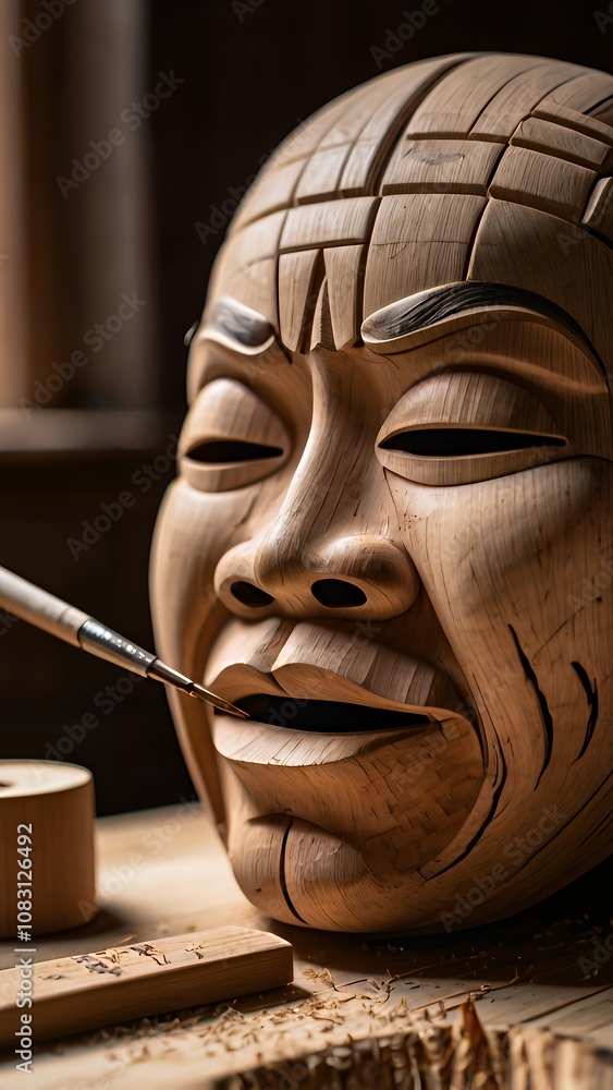 Master artisan carving traditional Noh masks by hand, focusing on ...