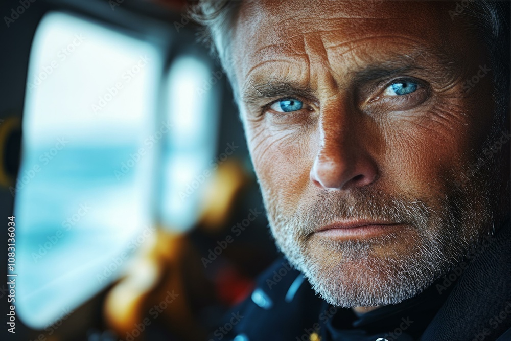 Confident cruise ship captain gazing at ocean through window, embodying ...