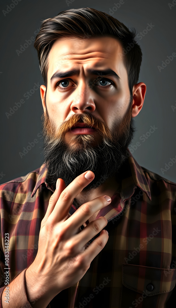 Difficult times. Portrait of a cheerless sad bearded man holding his ...