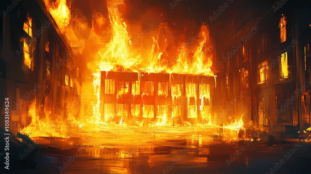 Dramatic scene of a burning warehouse with fiery flames shooting up ...