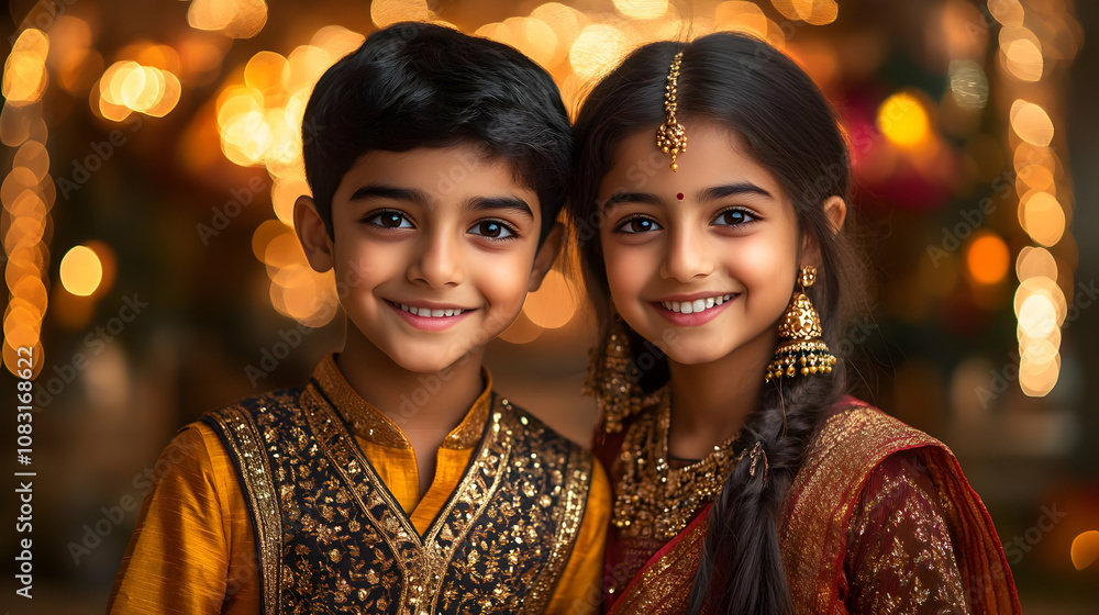 Smiling Indian Children in Traditional Attire Stock Illustration ...