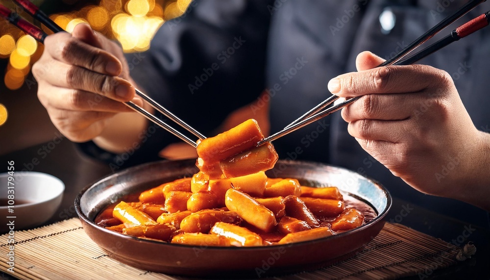 Faceless man eat Tteokbokki in restaurant with bokeh background. Korean ...