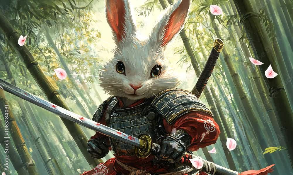 A brave white rabbit warrior, in samurai armor, wielding a katana ...