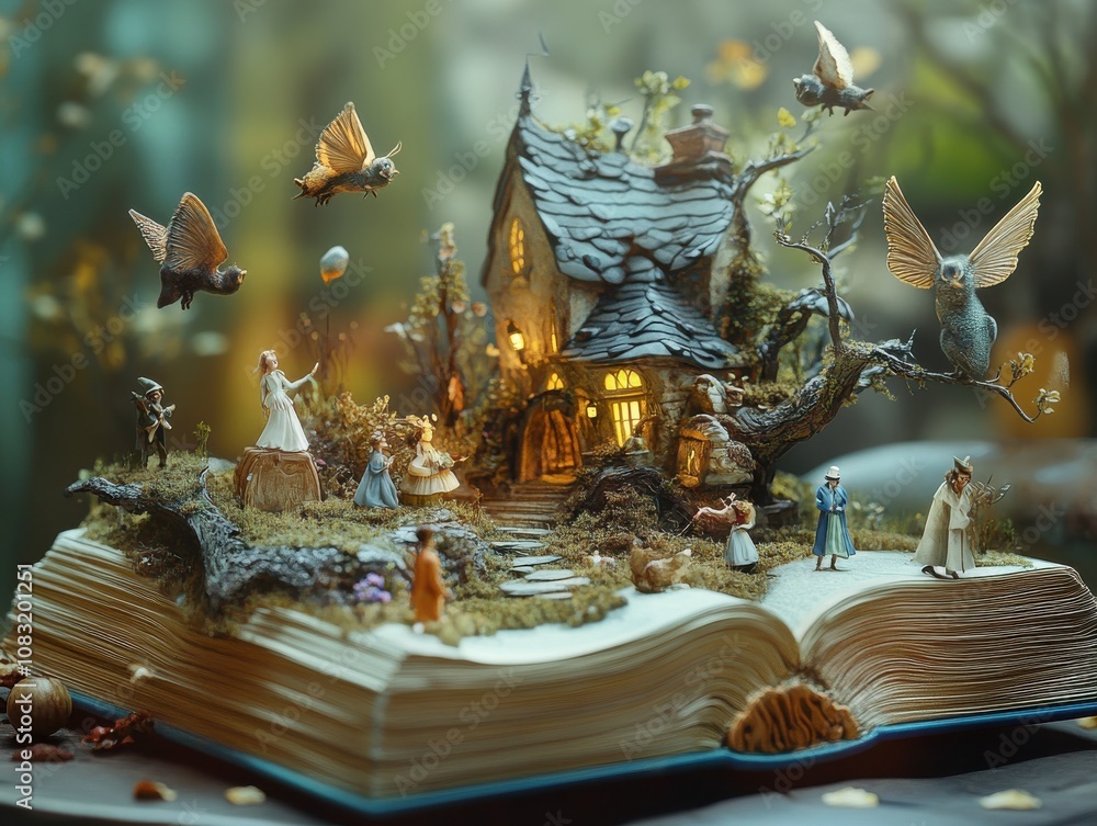Miniature fairy tale scene with a cottage, people, and flying creatures ...
