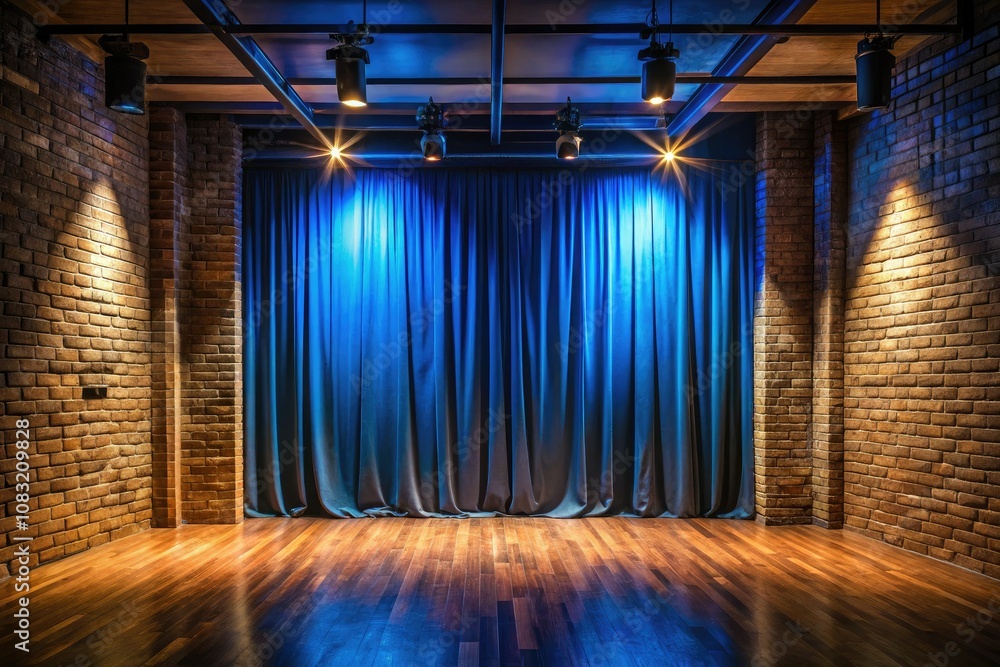 Stage with Blue Curtain and Brick Wall for Theater or Stand-Up Comedy ...