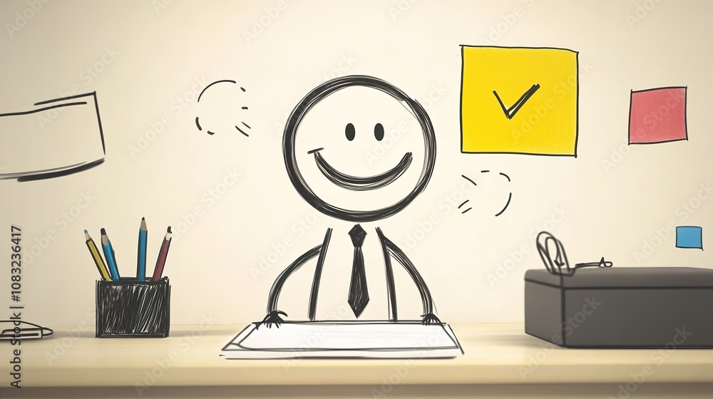 Happy Stick Figure Working at Desk, Cheerful and Productive Workspace ...