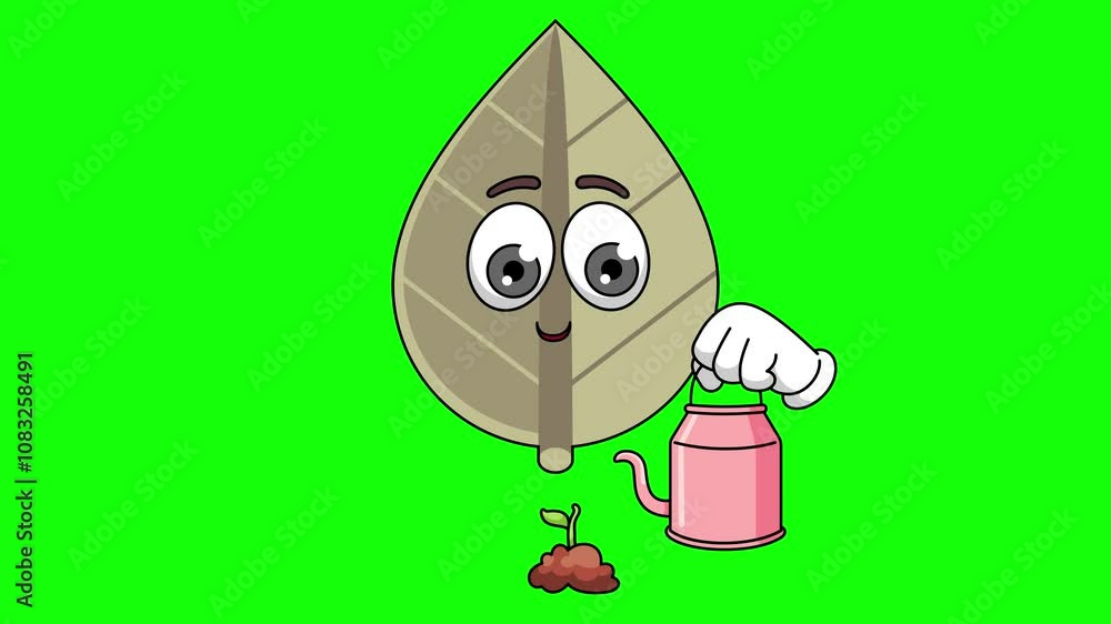 dried leaf cartoon is watering a plant, wearing a sun hat Stock Video ...