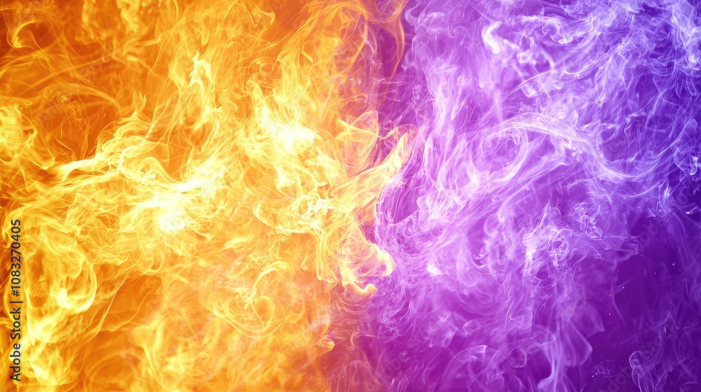 purple flame from left and lemon yellow flame from right collide at the ...