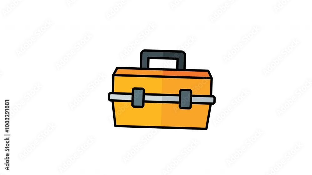 Animated toolbox with metallic latches, carrying handle, various tools ...