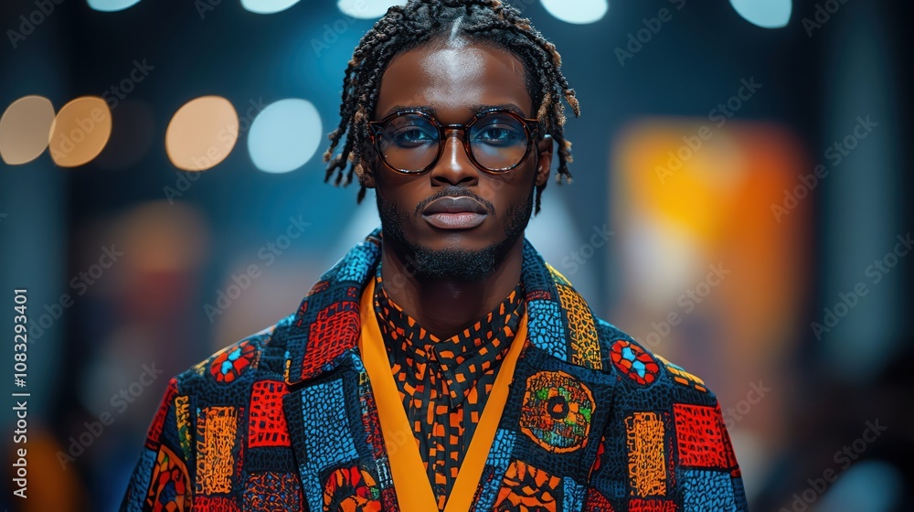 Smart Man model on a runway wearing a geomatric black outfit, blending ...