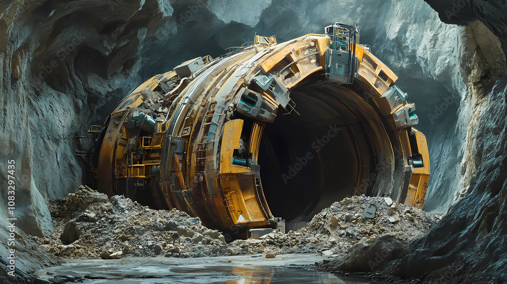 A tunnel boring machine is surrounded by heaps of excavated material as ...