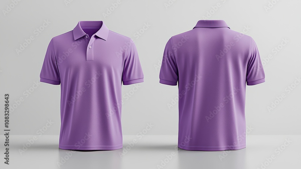 3D mockup of a blank lilac polo shirt, shown from front and back on a ...