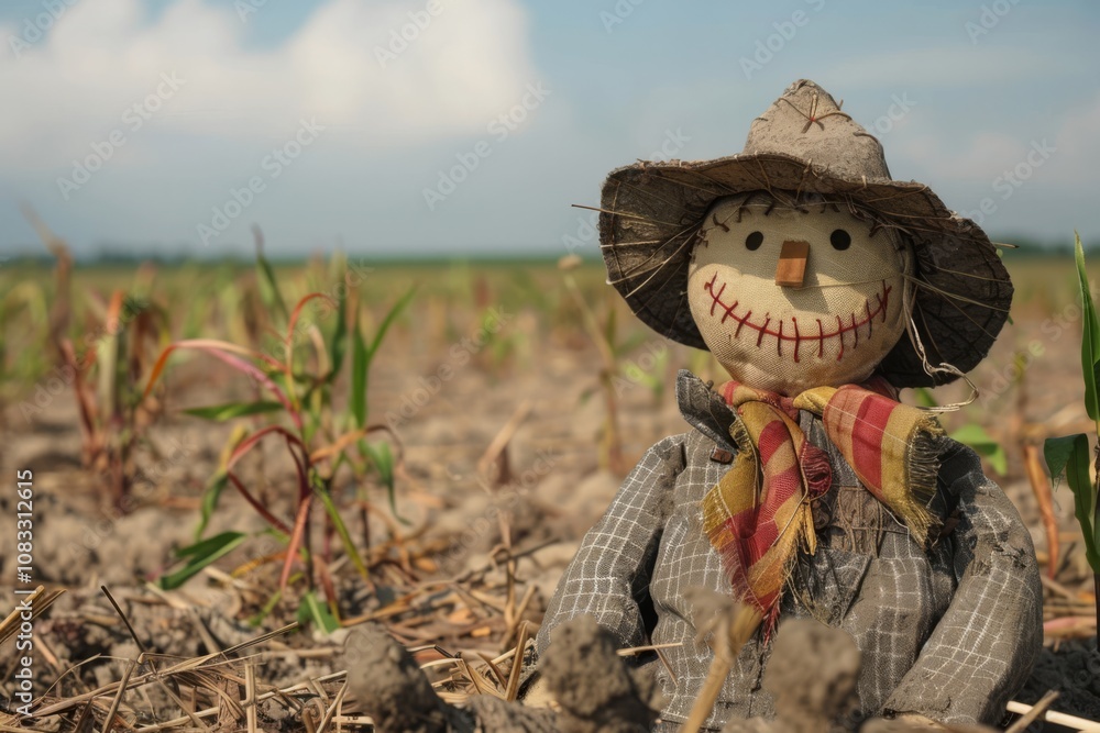 Abandoned Scarecrow in a Field Surrounded by Dry Soil and Young Corn ...