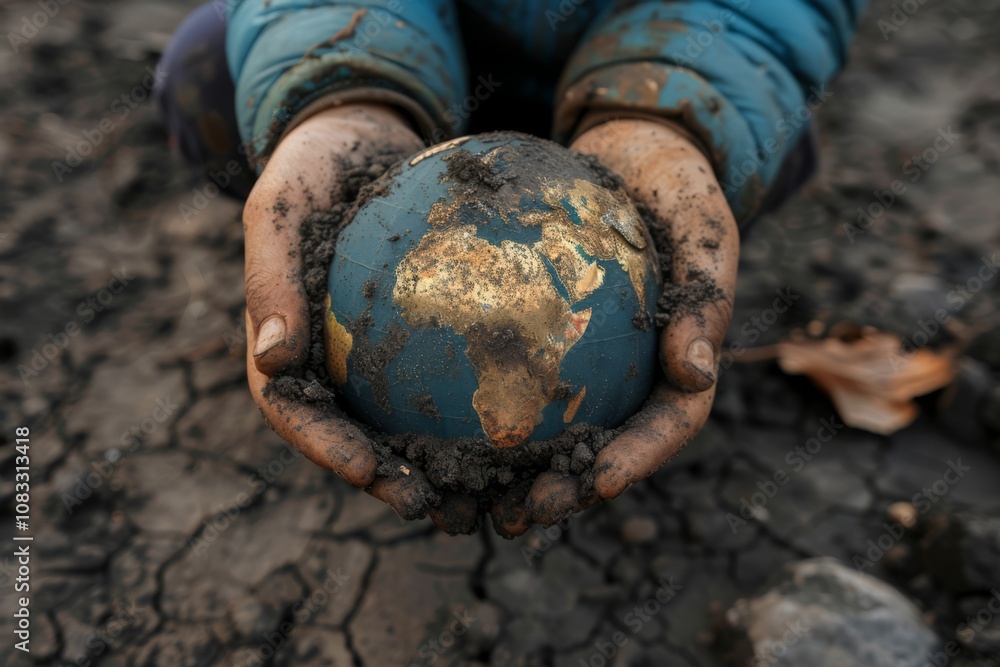 Conceptual Representation of a Withered Earth Globe Held in Dirty Hands ...