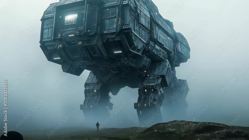 Desolate rocky wasteland shrouded in dense fog. Three colossal ...