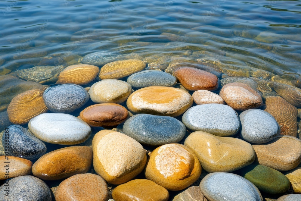 Smooth, flat river rocks perfect for skimming, nestled among the water ...
