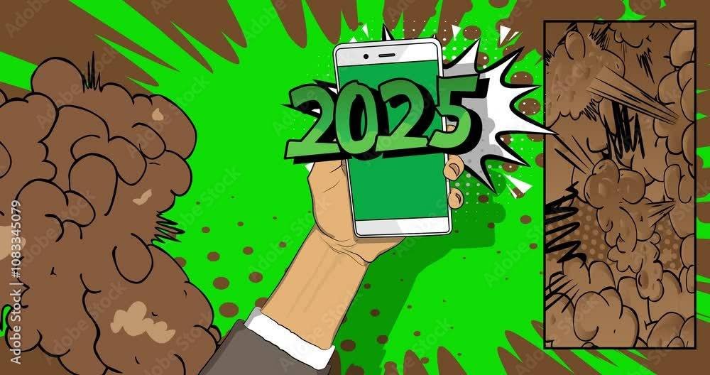 Cartoon Smartphone, comic book Telephone with number 2025. Retro ...