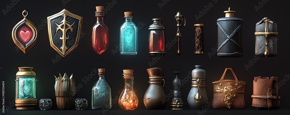 A collection of 3D game symbols and objects, including health potions ...