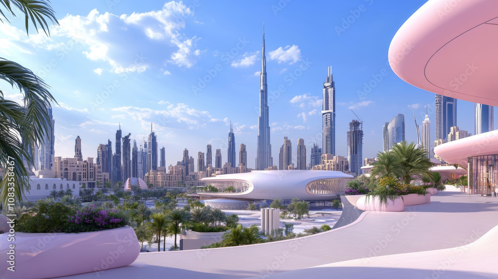 Futuristic cityscape of Dubai with Museum of the Future (arabic text ...