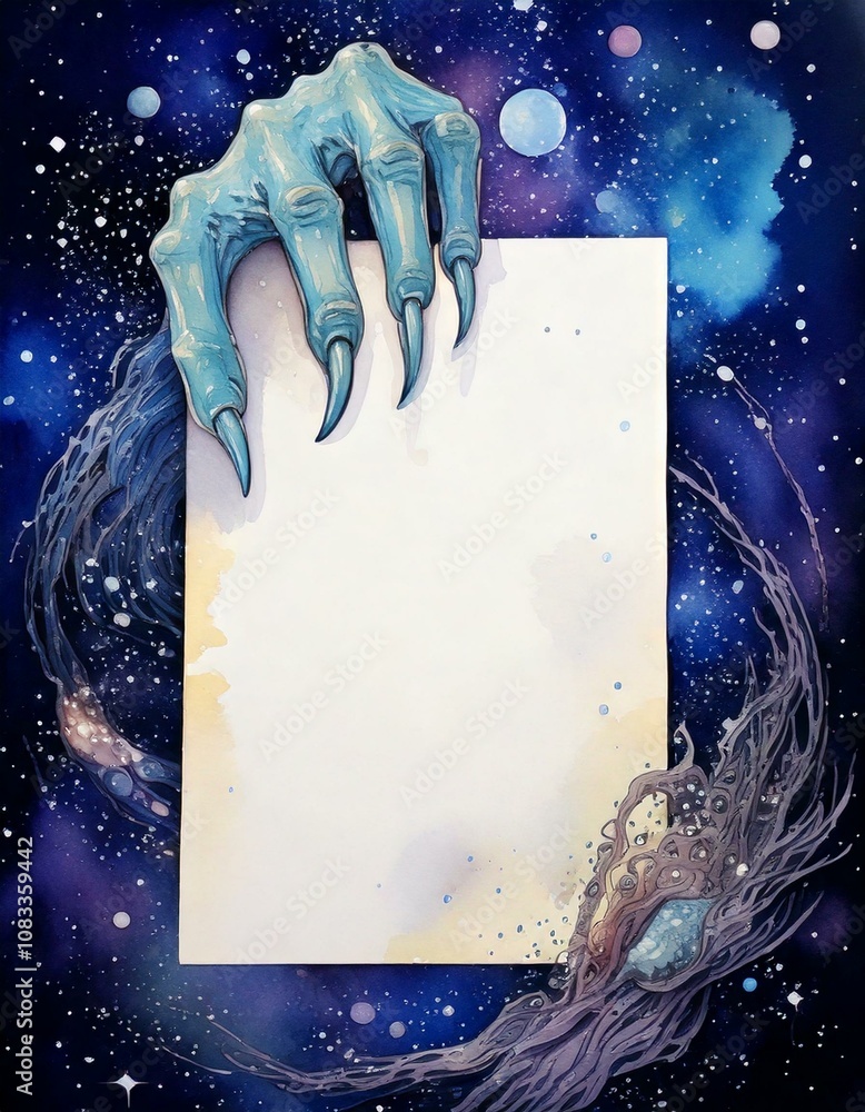 A blue, clawed alien hand grips a blank sheet of paper, set against a ...