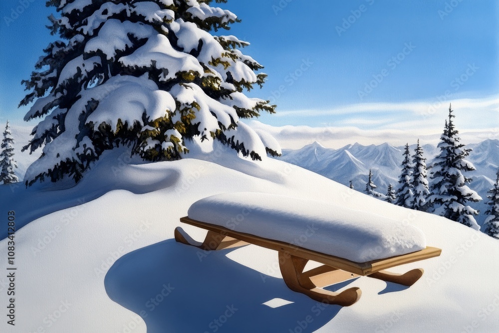 Watercolor of a sled leaning on a snow-covered tree with soft, muted ...