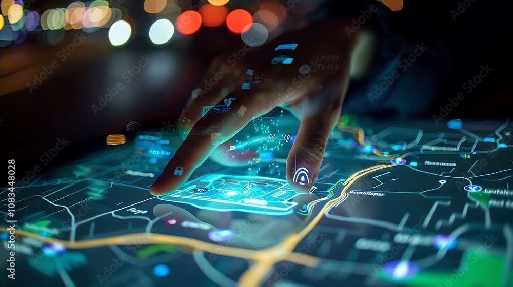 Hand interacts with a digital map, navigating through an interactive ...