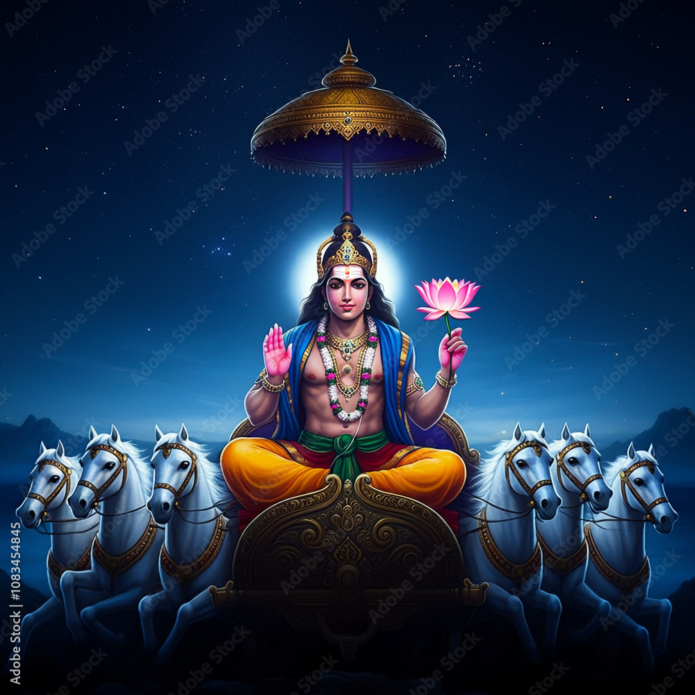 Lord Chandra, the moon god, depicted with a lotus in hand and seated on ...