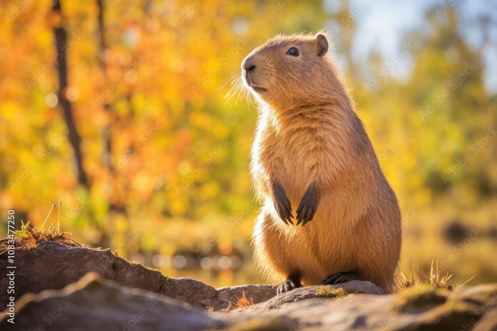 A capybara standing alert on a rocky terrain, its body positioned to ...