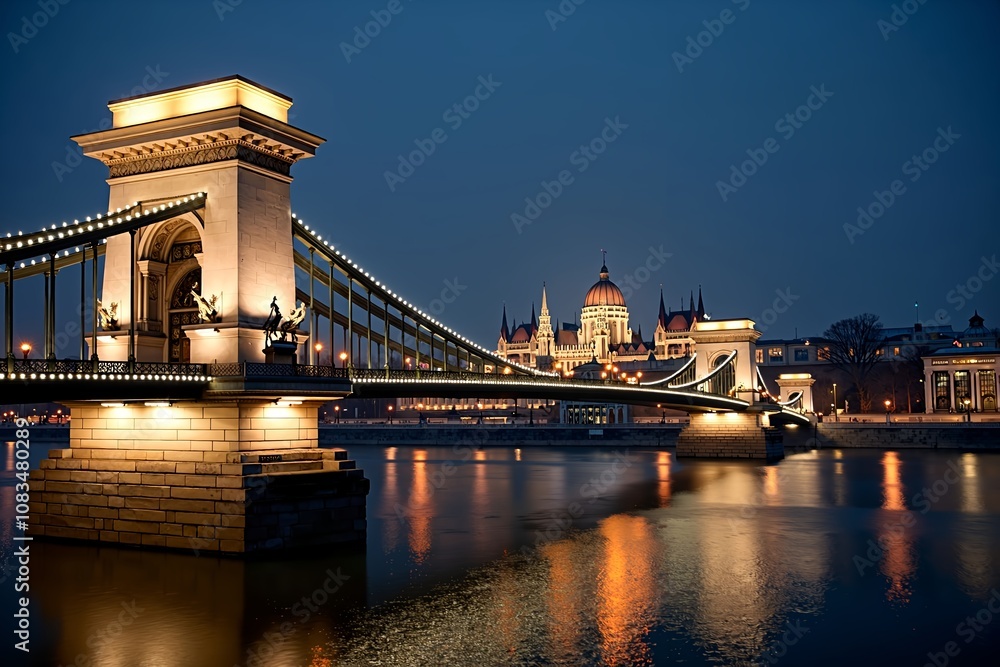 Budapest Chain Bridge illuminated by warm LED lights on Christmas ...