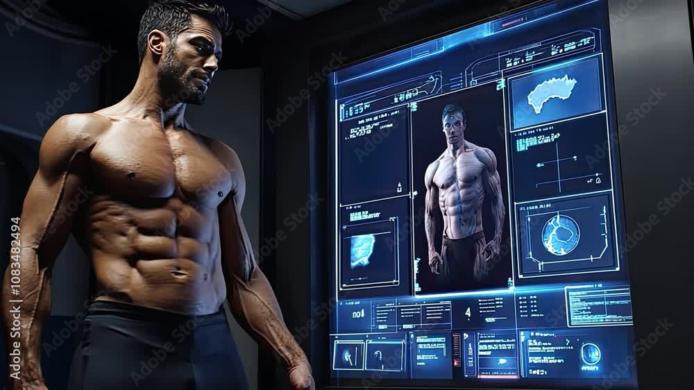 Analyzing Body Composition: A muscular man examines his body data on a ...