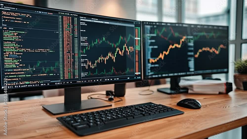 Modern Trading Desk: A sleek workspace with dual monitors displaying financial charts and code ...