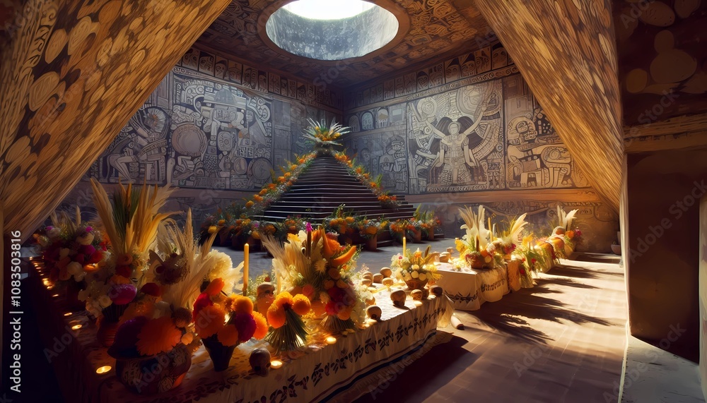 mayan prayer wheels, room in a Mexican pyramid decorated for a wake ...