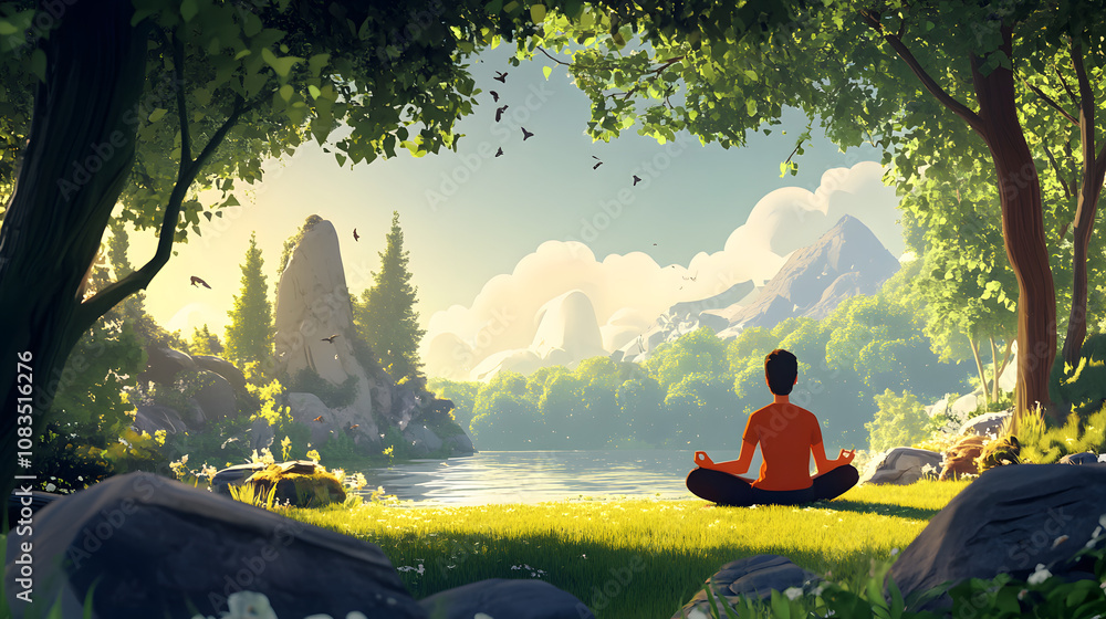 A peaceful outdoor scene with a person meditating in nature, connecting ...