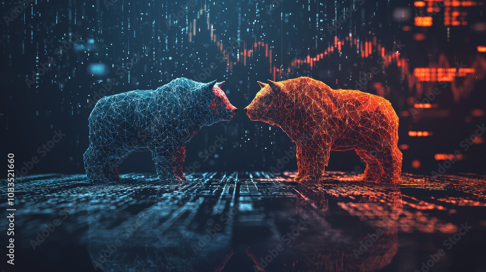 Digital representation of bull and bear facing each other, symbolizing ...