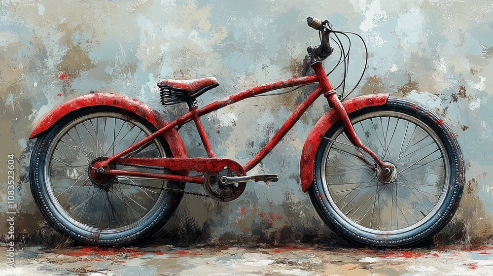 A rusty red bicycle leans against a weathered wall, its paint chipped ...
