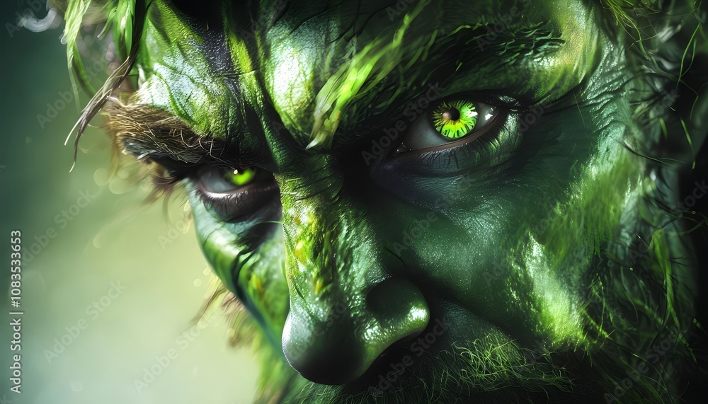 Intense green-eyed mythical face in close-up, mysterious fantasy art ...