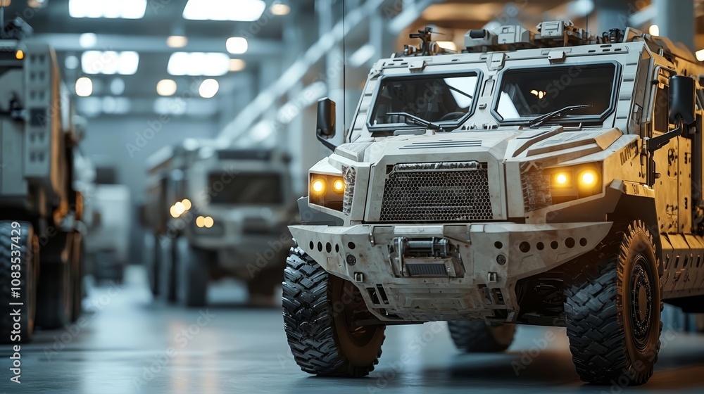 Military-grade vehicles inside a modern facility, rugged exteriors and ...