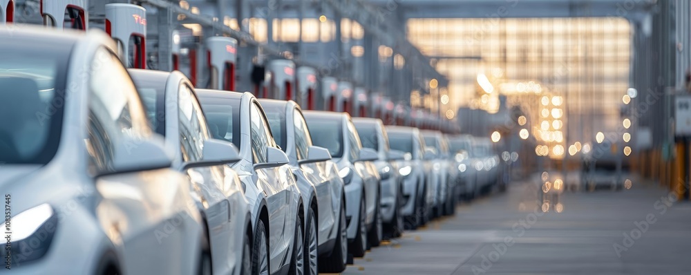 Modern industrial park at dusk, rows of EVs in foreground, glass-facade ...