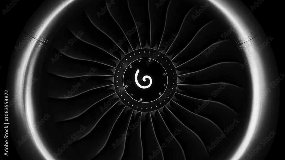 Jet engine against a black background, showcasing the spinning details ...