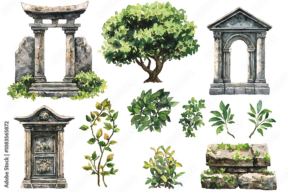 Watercolor Illustrations of Architectural Elements and Greenery Asian ...