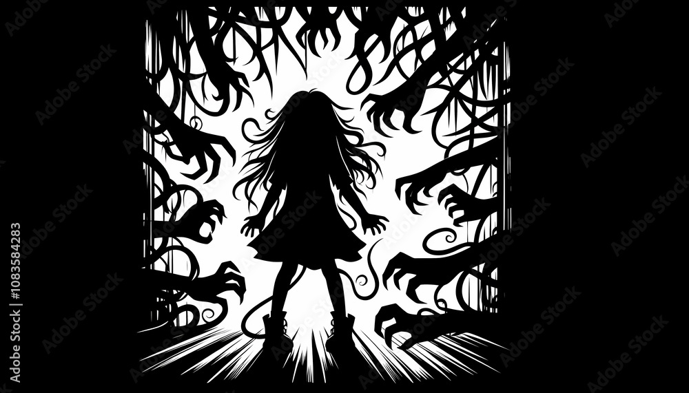 black and white illustration of evil hands grabbing a girl Stock ...