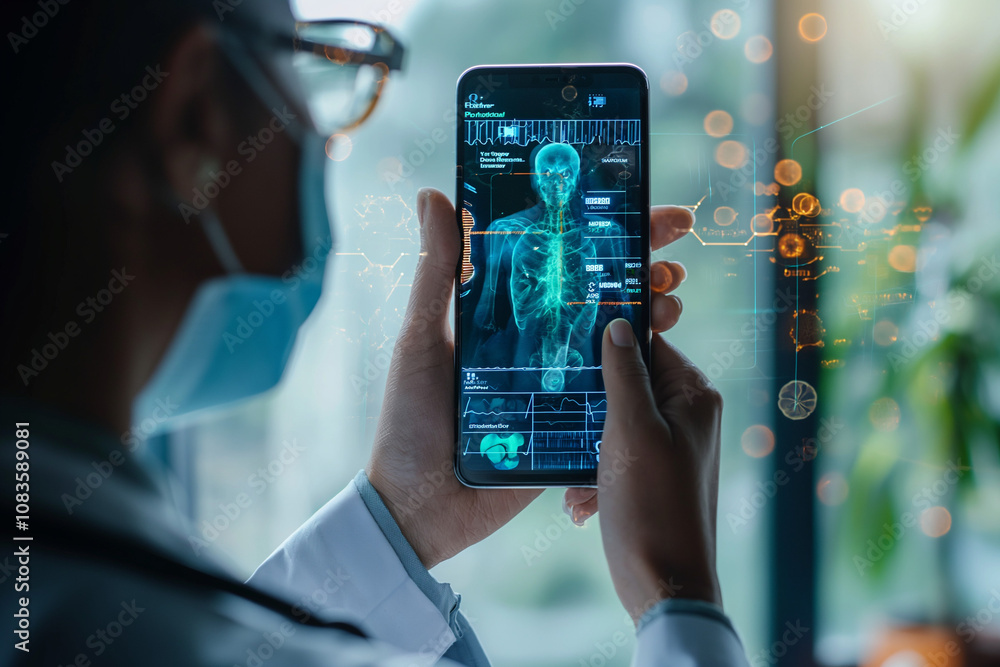 Doctor on the phone looks at a digital medical record. AR healthcare ...