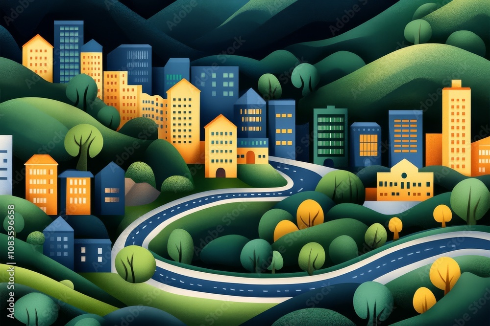 Photo & Art Print Vivid city map with streets, parks, buildings and ...