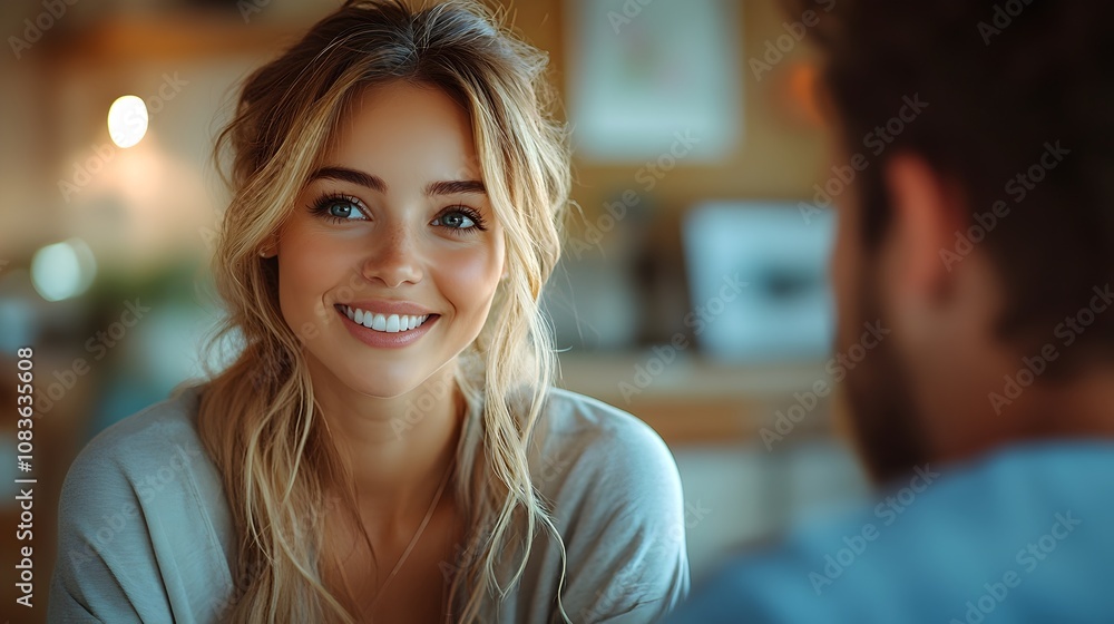 joyful young woman chatting with attentive husband, loving couple ...