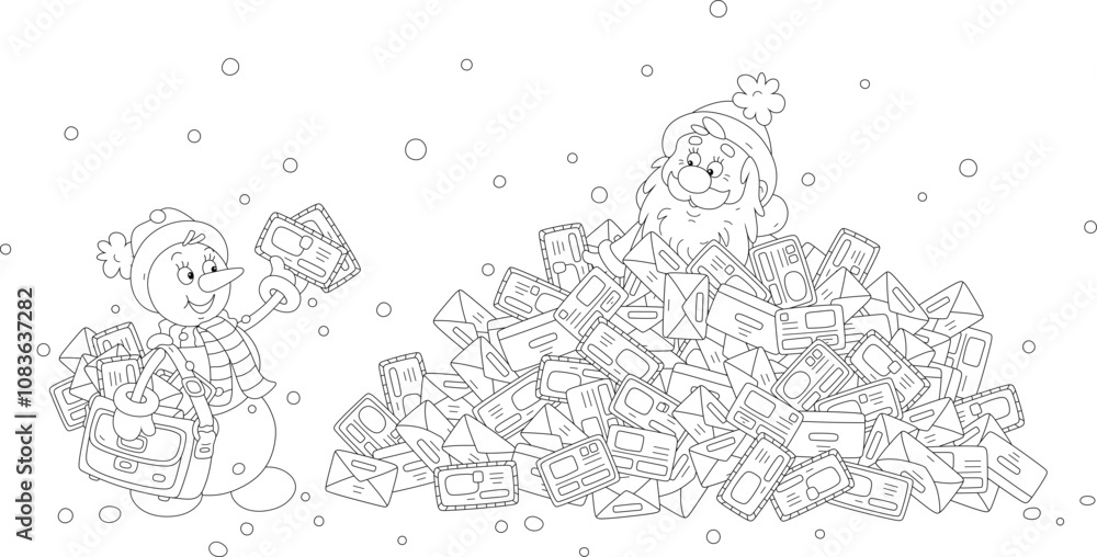 Funny snowman postman and Santa Claus in a heap of envelopes with ...