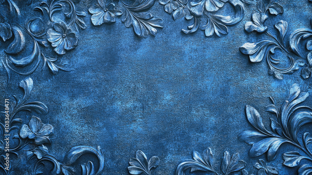Textured navy blue wall with elegant floral relief design in a vintage ...