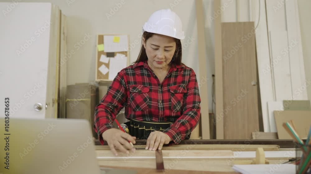 A happy professional Asian female carpenter wearing white safety helmet ...