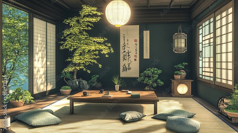 Japanese-style study corner with low wooden table, tatami mats, paper ...