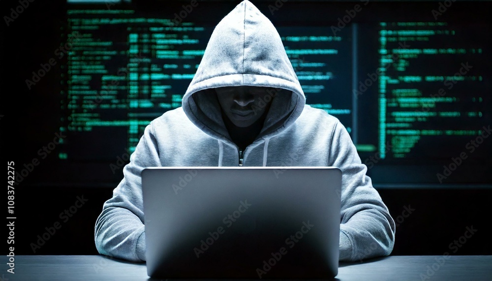 Hooded figure at a laptop surrounded by dark coding screens. Conveys ... Hooded figure at a laptop surrounded by dark coding screens. Conveys ...
